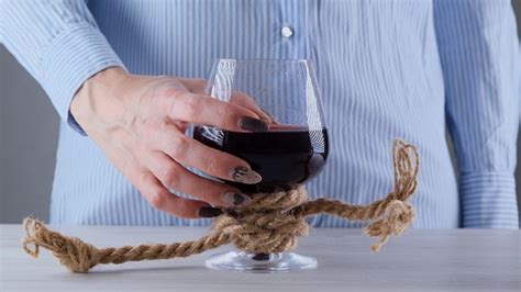 와인 잔을 들고 있는 암컷의 손은 황마 로프와 묶여 있습니다 알코올 의존성의 개념 개념에 대한 스톡 사진 및 기타 이미지