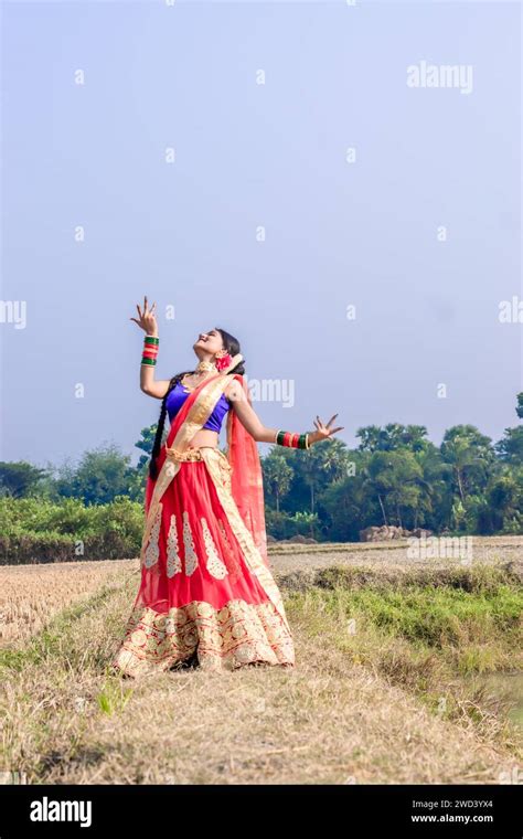 Indian Rural Girl Smiling And Enjoying Nature Freedom Concept Stock
