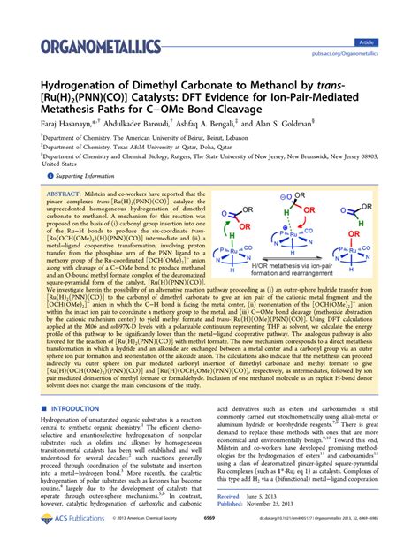 Pdf Hydrogenation Of Dimethyl Carbonate To Methanol By Trans Ruh2