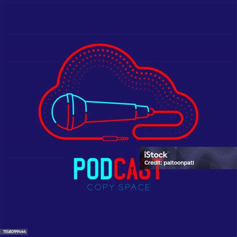 마이크 로고 아이콘 개요 스트로크 클라우드 모양 프레임 케이블 대시 라인 디자인 팟 캐스트 인터넷 라디오 프로그램 개념 일러스트 는 Podcast 텍스트와 어두운 파란색