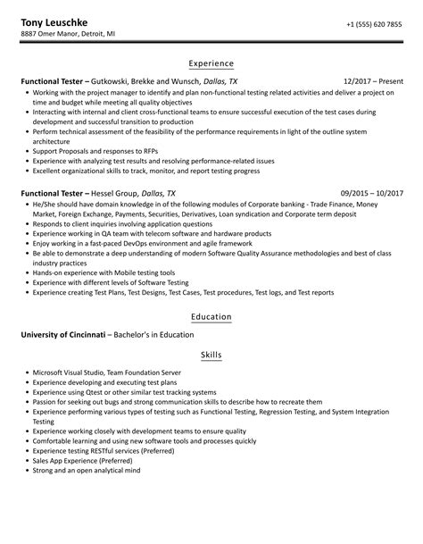 Functional Tester Resume Samples Velvet Jobs