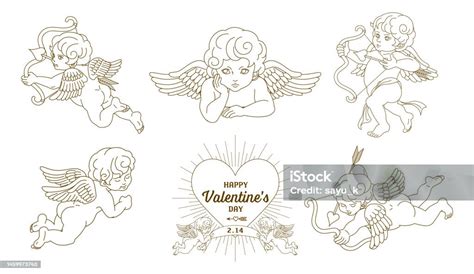발렌타인 데이 큐피드 디자인 요소 세트 손으로 그린 윤곽선 큐피드에 대한 스톡 벡터 아트 및 기타 이미지 큐피드 고풍스런 복고풍 Istock