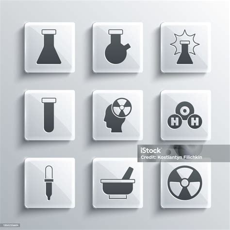 H2o 헤드 방사선 기호 파이펫 테스트 튜브 플라스크 및 폭발 아이콘에 대한 박격포 및 유봉 방사성 화학 공식을 설정합니다 벡터 건강 검진에 대한 스톡 벡터 아트 및 기타