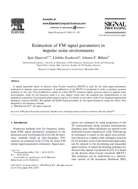 Pdf Estimation Of Fm Signal Parameters In Impulse Noise Environments