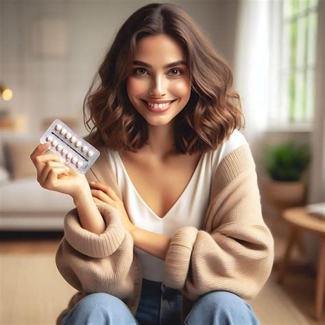 Woman Holding Oral Contraceptive Pill And Smiling Premium Ai