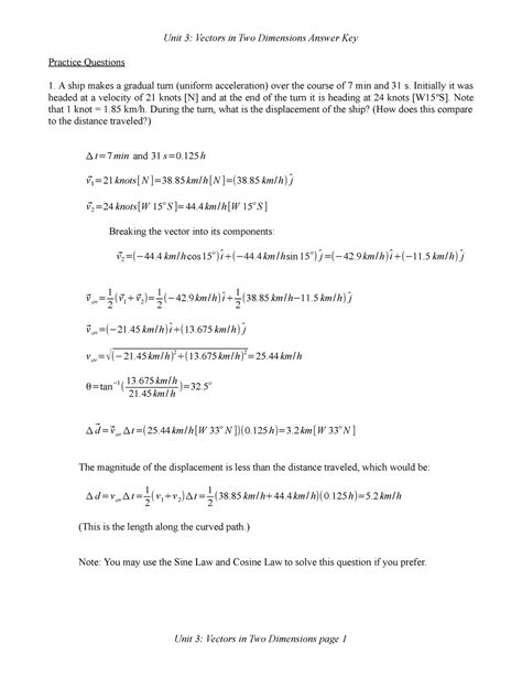 unit 4 vectors in two dimensions guide answer key v1 practice questions a ship makes a