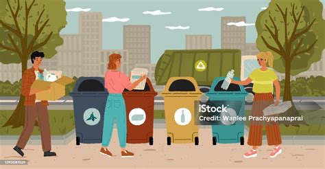 사람들은 재활용 개념 벡터 포스터 세트를 위해 쓰레기를 분류합니다 남자와 여자는 다른 쓰레기통에서 잡아 당깁니다 플라스틱 병