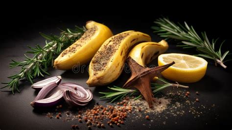 Freshly Cut Banana With Rosemary And Spices On Dark Stone Background Stock Illustration