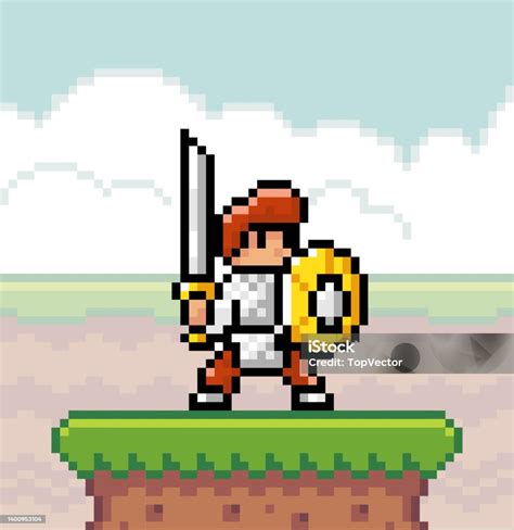 픽셀 게임 캐릭터 영웅 인물 갑옷을 입은 기사 잔디밭에 칼과 방패가 서 있습니다 기사 사람의 역할에 대한 스톡 벡터 아트 및 기타 이미지 기사 사람의 역할 복고풍