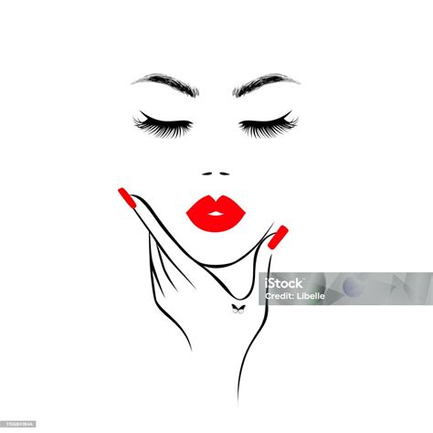 빨간 입술 무성한 속눈썹 빨간 매니큐어 손톱손과 아름다운 여성의 얼굴 스파 살롱 뷰티 로고 벡터 일러스트레이션 로고에 대한 스톡 벡터 아트 및 기타 이미지 Istock