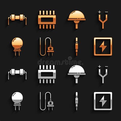 Set Electric Plug Cable Lightning Bolt Audio Jack Emitting Diode Resistor Electricity And