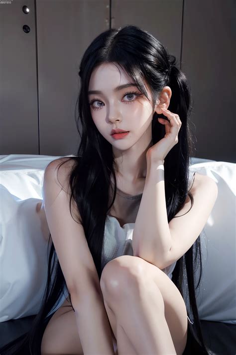 긴 검은 머리를 한 여성이 침대에 앉아 있다 Seaart Ai