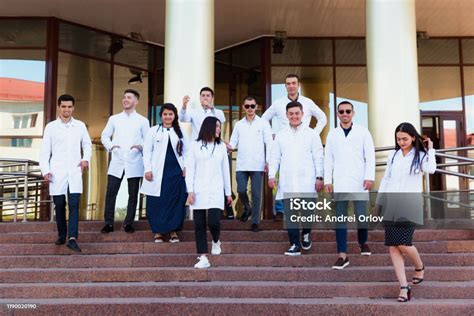 유럽 의대생들의 우정 그룹이 계단에서 대학 문에 대해 야외에서 발표했습니다 의과 대학생에 대한 스톡 사진 및 기타 이미지 의과 대학생 건강관리와 의술 다민족 그룹