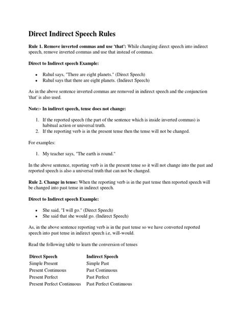 Direct Indirect Speech Rules Pdf Verb Pronoun