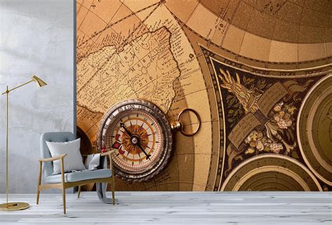 Old Style Compass And Map Wallpaper Removable Wallpaper Peel Etsy