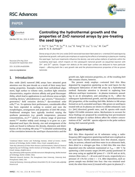 Pdf Controlling The Hydrothermal Growth And The Properties Of Zno Nanorod Arrays By Pre