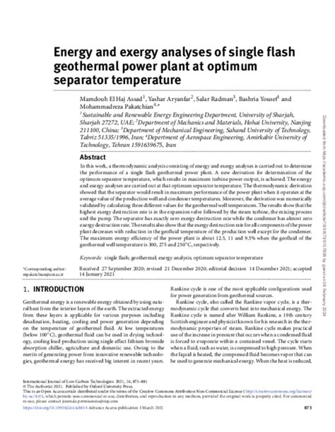 Pdf Energy And Exergy Analyses Of Single Flash Geothermal Power Plant