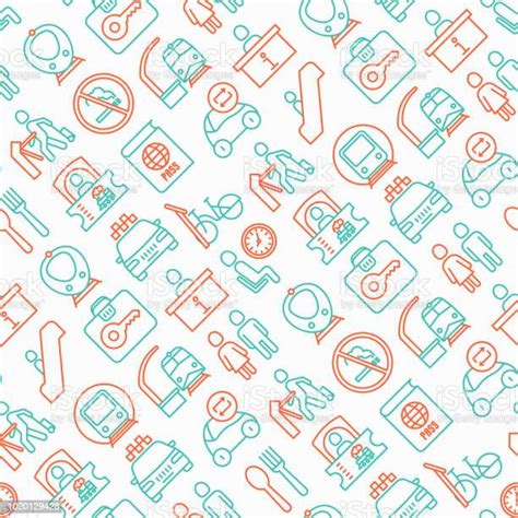 얇은 선 아이콘으로 기차 역 원활한 패턴 정보 매표소 화장실 택시 메트로 대기실 짐 보관소 입장 객 흡연 자전거 임대 현대 벡터 일러스트입니다 0명에 대한 스톡 벡터 아트