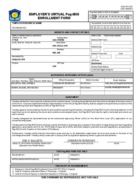 Pff372 Employersvirtualpagibigenrollmentform V02 Pdf Signature Employment