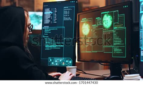 Girl Hacker Sitting Her Super Computer Cyber Crimes Using Dangerous Malware Stock Photos And