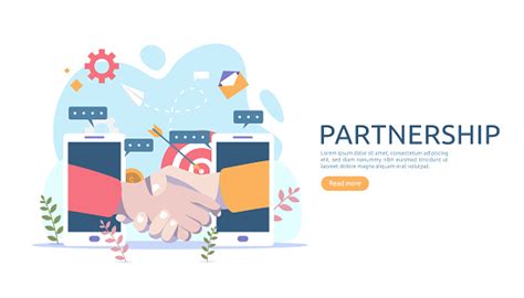 핸드 쉐이크와 작은 사람들 캐릭터 비즈니스 파트너십 관계 개념 팀 웹 방문 페이지 배너 프레 젠 테이 션 이랑 소셜 미디어에 대 한 서식 파일을 함께 작동 벡터