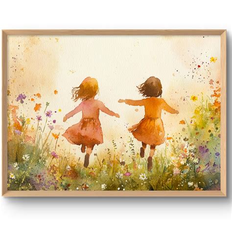 Sisters Art Print Girls In Field Poster Wildflowers Wall Art Meadow