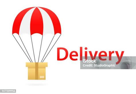 낙하산 선물 상자 패키지 공중 우편 배달 엠블럼 아이콘입니다 3d 다채로운 낙하산과 실제 상자 배달 개념입니다 배달 서비스 하늘에 소포가있는 낙하산 벡터 그림 그리기에 대한