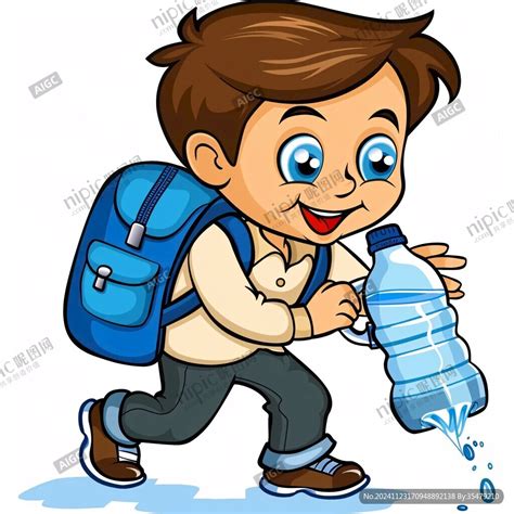 Ai创作图卡通喝水 喝水卡通人 孩童送水 卡通送水工 喝水的男孩原创插画 儿童提水 喝水的小孩 儿童装水瓶 抱水瓶 矿泉水插画 卡通年轻男性送水工 水瓶卡通 背书包的卡通小孩 送水宣传 矿泉水