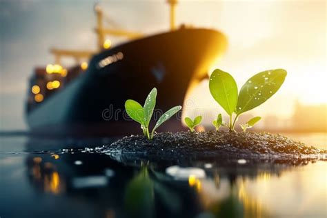 A Calm Harbor Hosts A Cargo Ship Silhouette With Tiny Green Sprouts