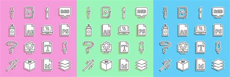 세트 줄 레이어 마커 펜 Ps 파일 문서 페인트 브러시 Ae 파일 스프레이 캔 파이펫 및 노트북 및 커서 아이콘 벡터 3차원