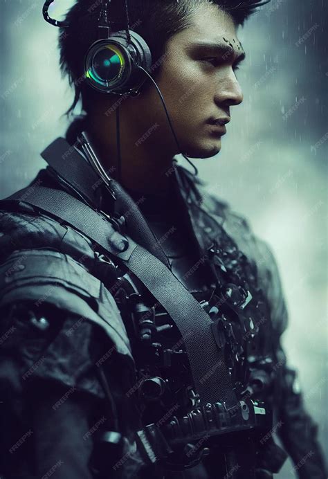 사이버 슈트를 입은 공상과학 사이버펑크 남자의 현실적인 초상화 미래에서 온 하이테크 미래형 남자 프리미엄 사진