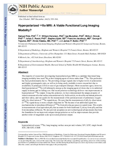 Pdf Hyperpolarized 129xe Mri A Viable Functional Lung Imaging Modality