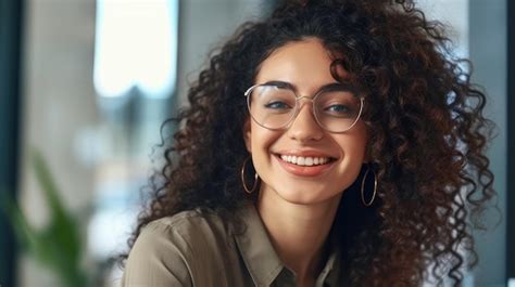 Premium Ai Image A Woman With Curly Hair And Glasses Smiles At The Camera