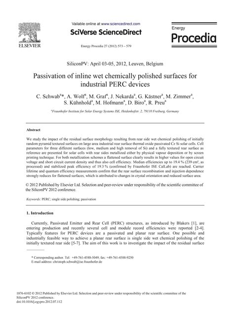 Solution Passivation Of Inline Wet Chemically Polished Surfaces For