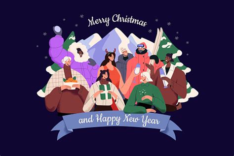 메리 크리스마스와 새해 복 많이 받으세요 사람들이 겨울 휴가를 축하하는 엽서 디자인 다양한 캐릭터가 함께하는 크리스마스 인사말 카드 산악 리조트 샴페인 평면 벡터 그림
