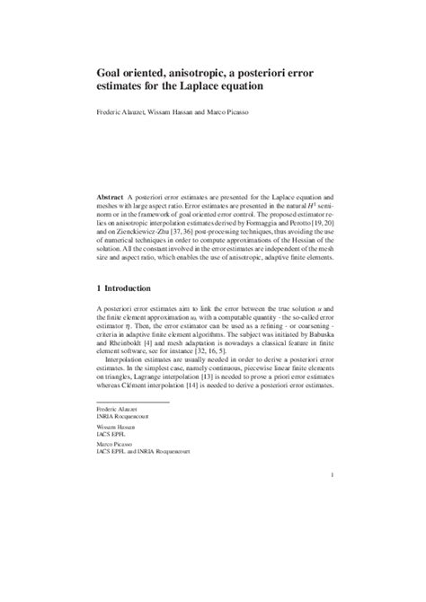 Pdf Goal Oriented Anisotropic A Posteriori Error Estimates For The Laplace Equation