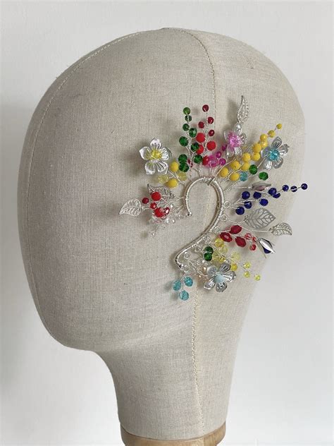 Rainbow Ear Cuffs Flower Earrings Elven Ear Cuffs Colorful Bridal Large Earrings Butterfly