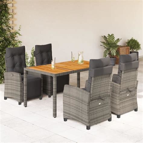 5 Piece Garden Dining Set With Cushions Black Poly Rattan Grey Vidaxl