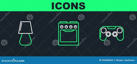 Set Line Gamepad Table Lamp And Oven Icon Vector Stock Illustration Illustration Of Gaming