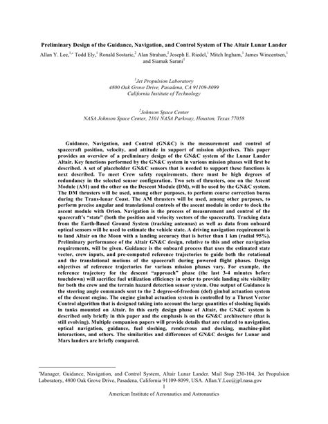 Pdf Preliminary Design Of The Guidance Navigation And Control System Of The Altair Lunar Lander