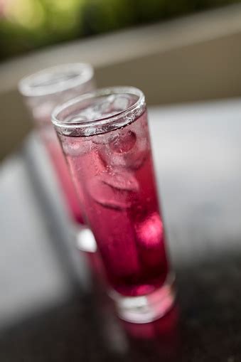 밝은 핑크 라즈베리 칵테일 두 잔의 클로즈업에 술집 밖에 서 총 안뜰 0명에 대한 스톡 사진 및 기타 이미지 0명 각얼음 과일 Istock