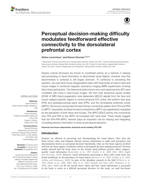 Pdf Perceptual Decision Making Difficulty Modulates Feedforward Effective Connectivity To The