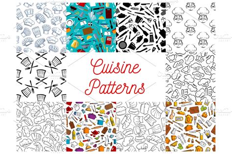 Cuisine Kitchen Utensils Chef Hat Patterns Set ~ Graphic Patterns
