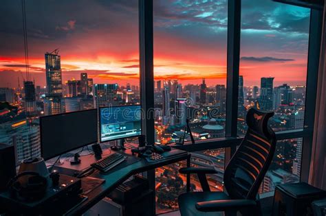 A Room With A View Of A City At Night From A Cozy Home Office Setup A Cozy Home Office Setup