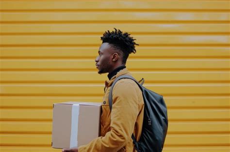 Premium Photo Male Man Holding Moving Box While Walking Along The Sidewalk Moving