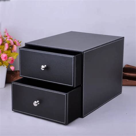 Double Layer Double Drawer Wood Leather Desk Set Filing Cabinet Storage