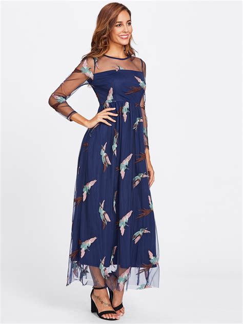 Illusion Neck Embroidered Mesh Overlay Dress Sheinsheinside