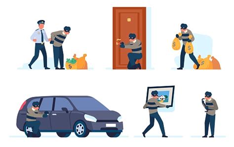 강도는 강도를 저지른다 갱스터 범죄 문을 부수는 도둑 자동차 또는 걸작 도난 훔친 돈으로 가택 침입자를 체포하는 경찰관 현금을 훔치는 남자 벡터 범죄 세트 도둑에 대한 스톡