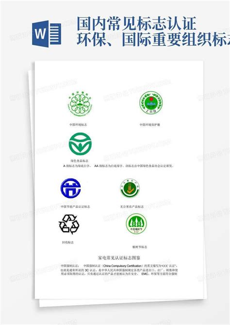 国内常见标志认证环保、国际重要组织标志word模板下载编号qkrypeya熊猫办公