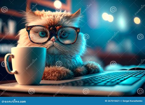 A Cat In Glasses With A White Cup Of Coffee Sits At A Laptop Programming Concept Stock